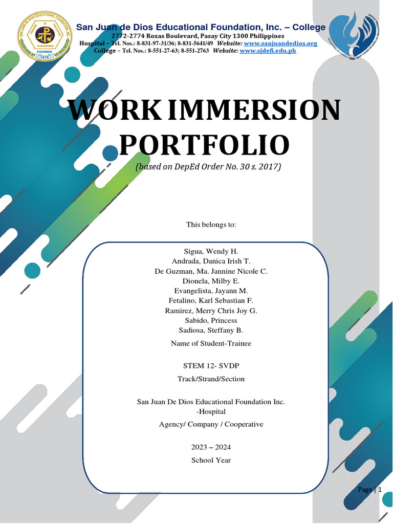 Shs Work Immersion Portfolio | PDF | Learning | Consent