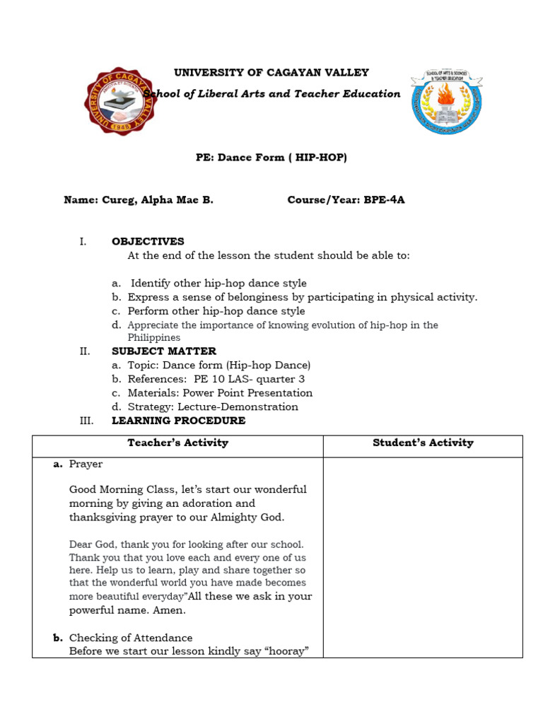 LESSON PLAN Grade 10 Pe2 | PDF | Dances | Hip Hop Music