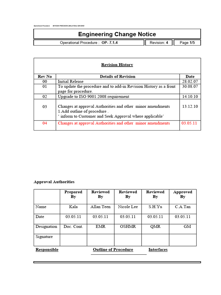 Engineering Change Notice Procedure | PDF | Specification (Technical ...