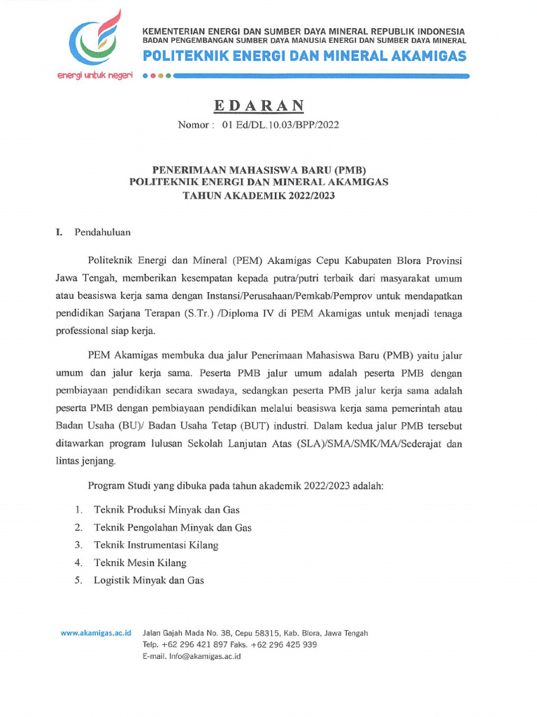 Edaran PMB PEM Akamigas Tahun 2022 | PDF