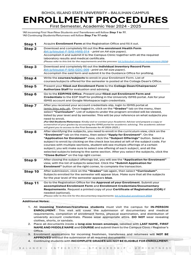Enrollment Steps for BISU 2024-2025 | PDF