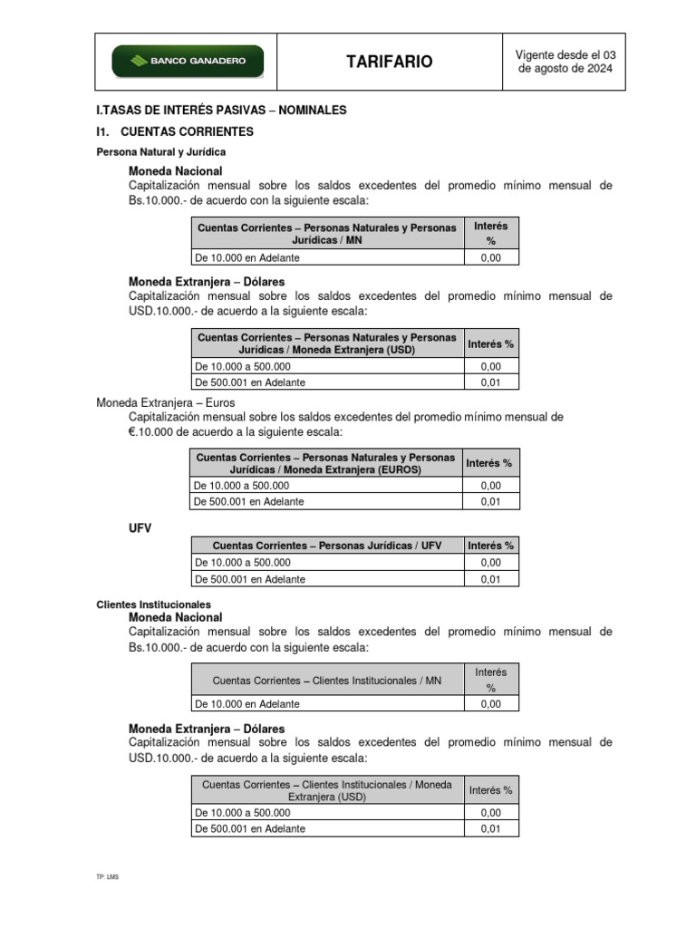 PDF Tarifario | PDF | Interés | Bancos