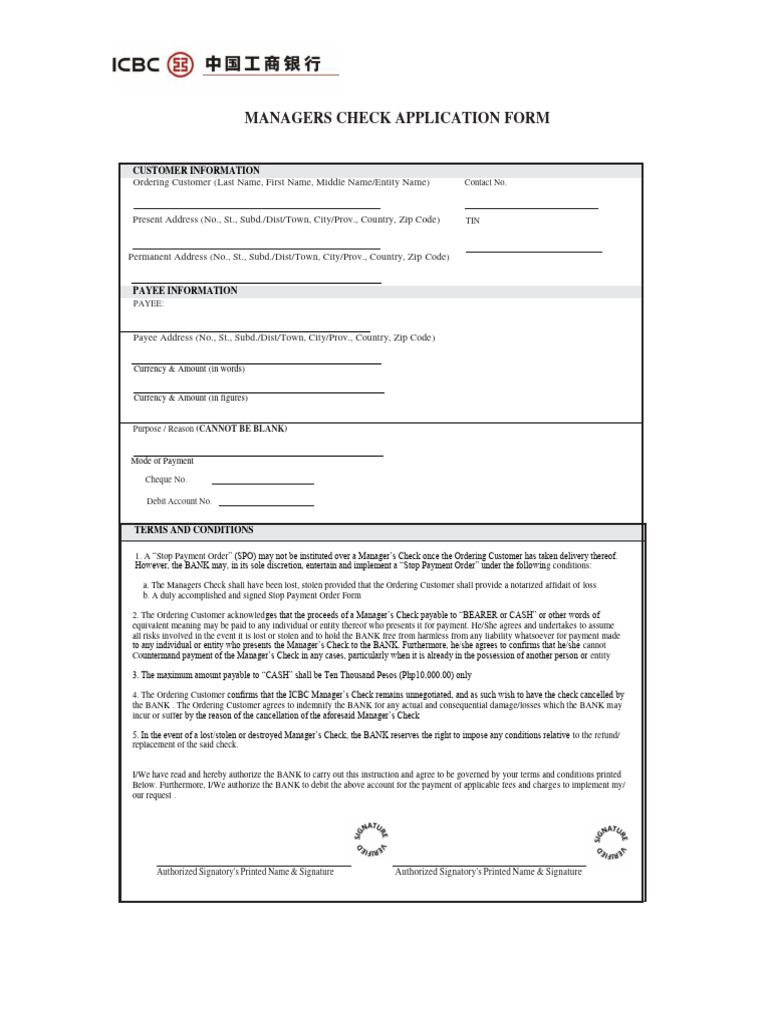 Managers Check Application Form | PDF | Cheque | Payments