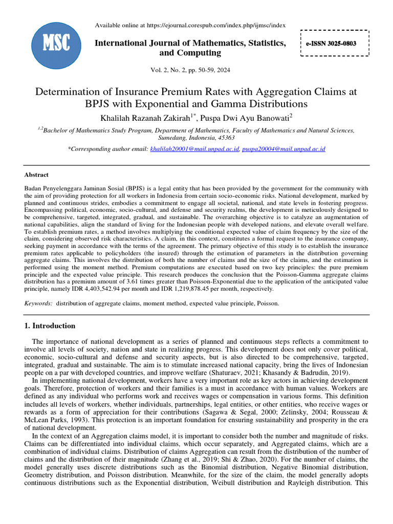 Determination of Insurance Premium Rates With Aggregation Claims at ...