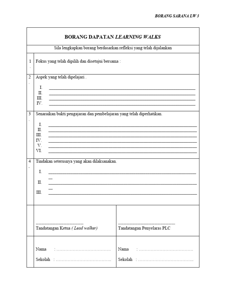 Borang Refleksi Learning Walks | PDF | Pengelolaan Keuangan & Uang ...