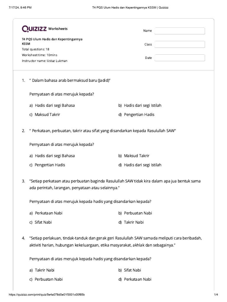 T4 PQS Ulum Hadis Dan Kepentingannya KSSM - Quizizz | PDF