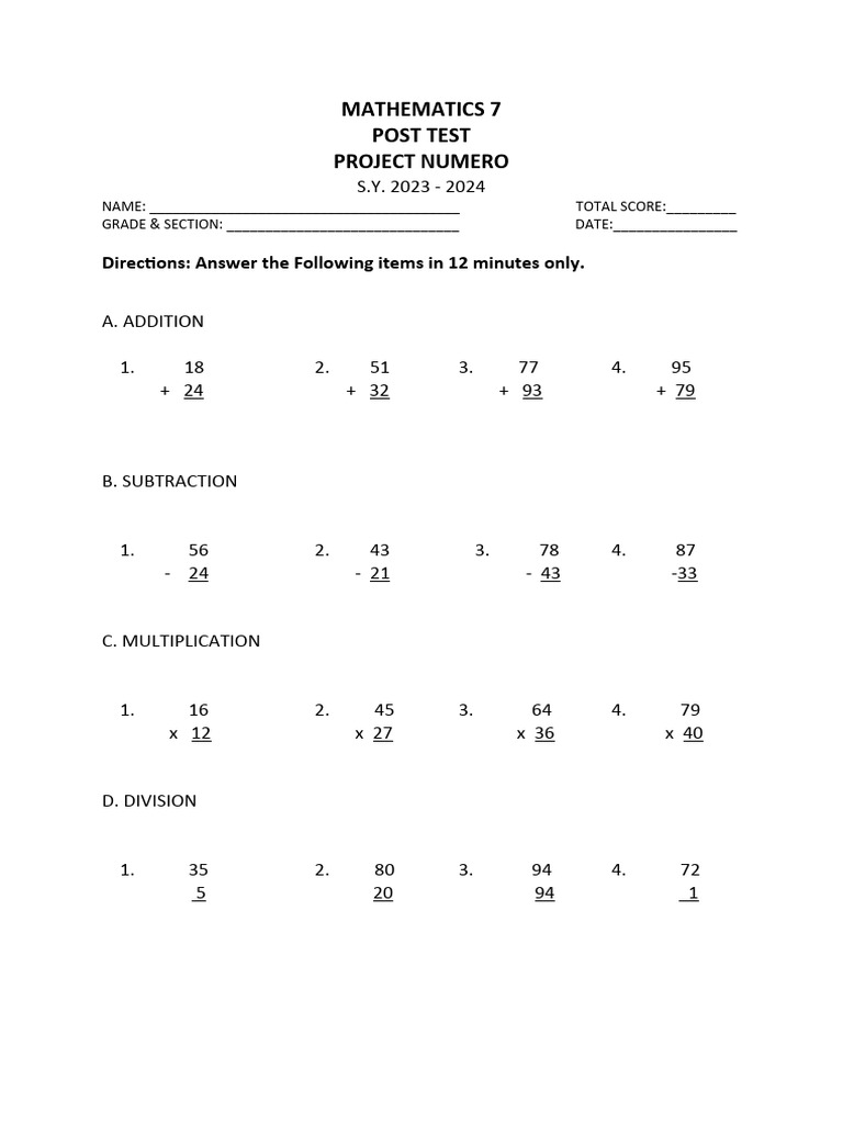 PROJECT NUMERO Post Test | PDF | Mathematics | Arithmetic