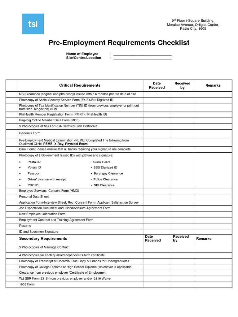 Pre-Employment Checklist - Last Name, Full Name | PDF | Identity Document
