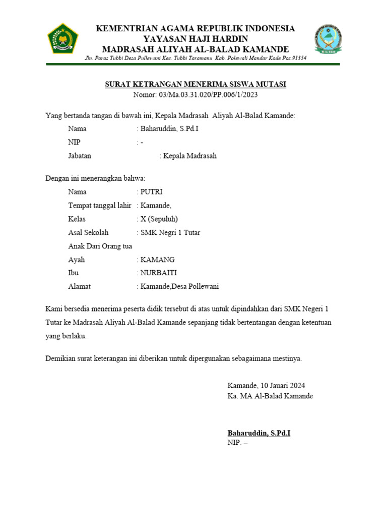 Surat Siap Menerima Siswa Tahun 2024 Putri | PDF