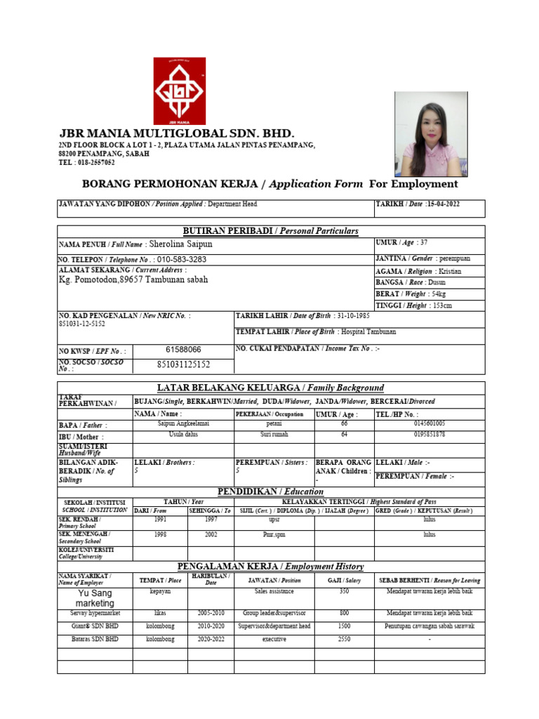Job Application Form1 | PDF | Student Assessment And Evaluation | Malaysia
