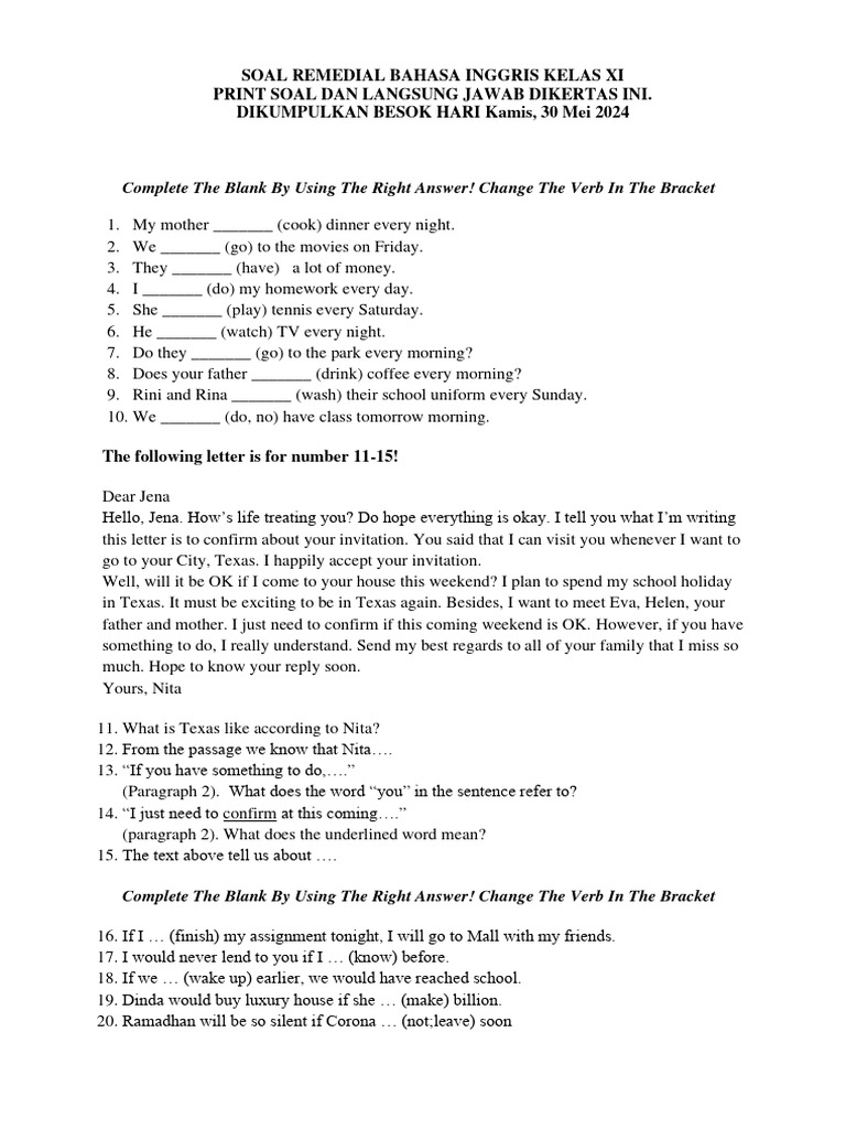 Soal Remedial Bahasa Inggris Kelas Xi | PDF | Language Arts & Discipline | Foreign Language Studies