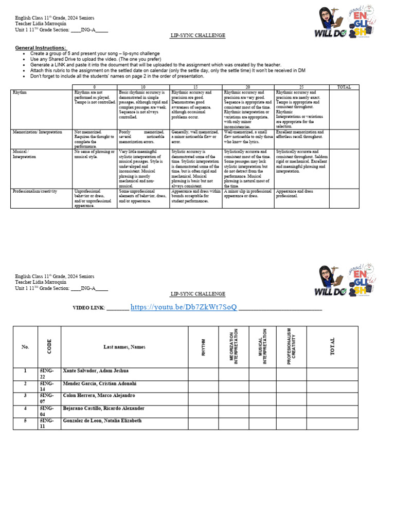 Rubric Lip Sync | PDF | Accuracy And Precision | Rhythm