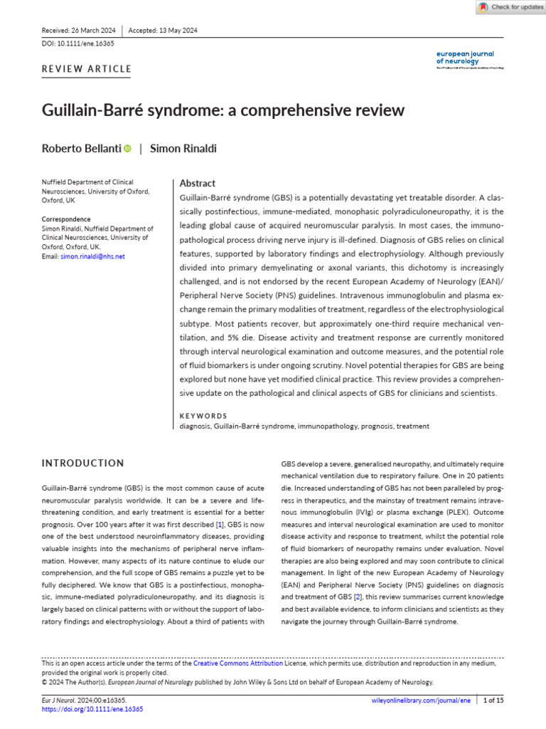 Euro J of Neurology - 2024 - Bellanti - Guillain‐Barr syndrome a comprehensive review | PDF ...