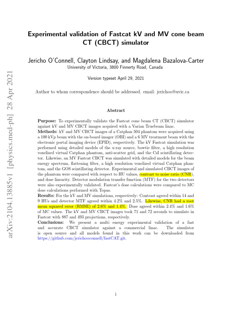 Experimental Validation of Fastcat KV and MV Cone Beam CT (CBCT ...