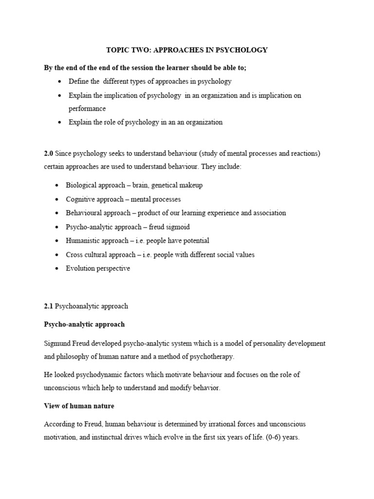 TOPIC TWO APPROACHES TO PSYCHOLOGY | PDF | Id | Psychoanalysis