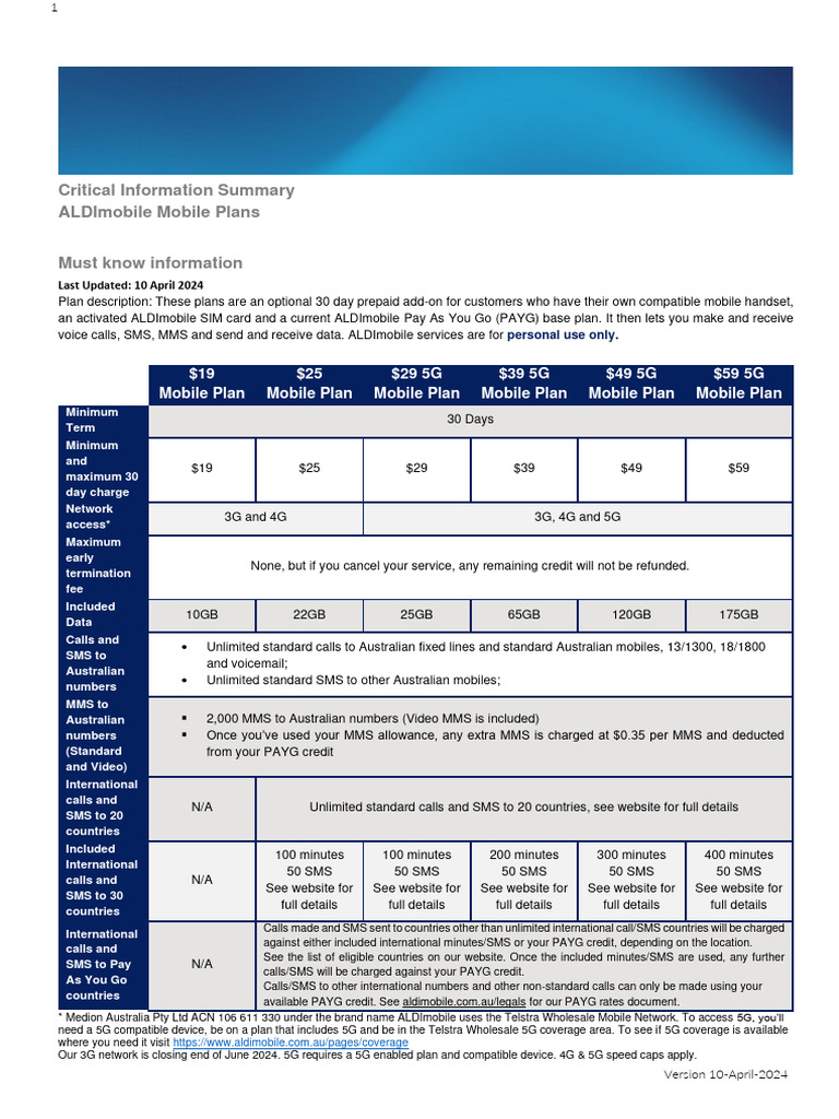 Critical Information Summary - Aldimobile Mobile Plans | PDF | Prepaid ...