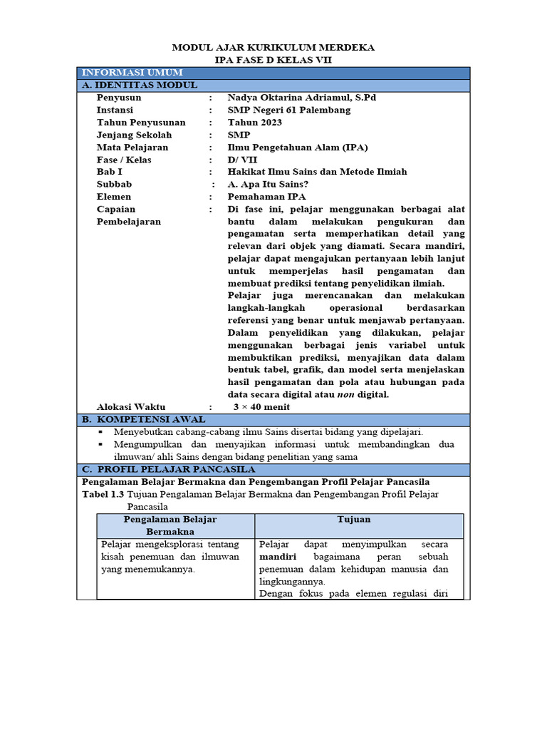 Modul Ajar Ipa Kelas 7 Semester Ganjil | PDF | Sains & Matematika