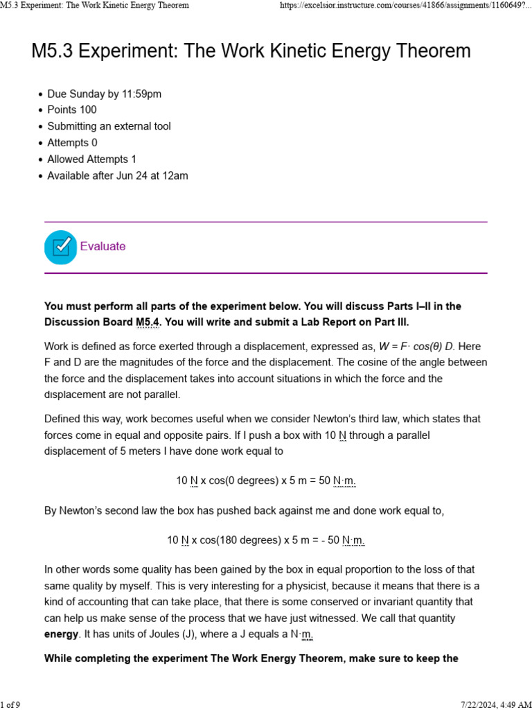 M5.3 Experiment_ The Work Kinetic Energy Theorem - instruction | PDF ...