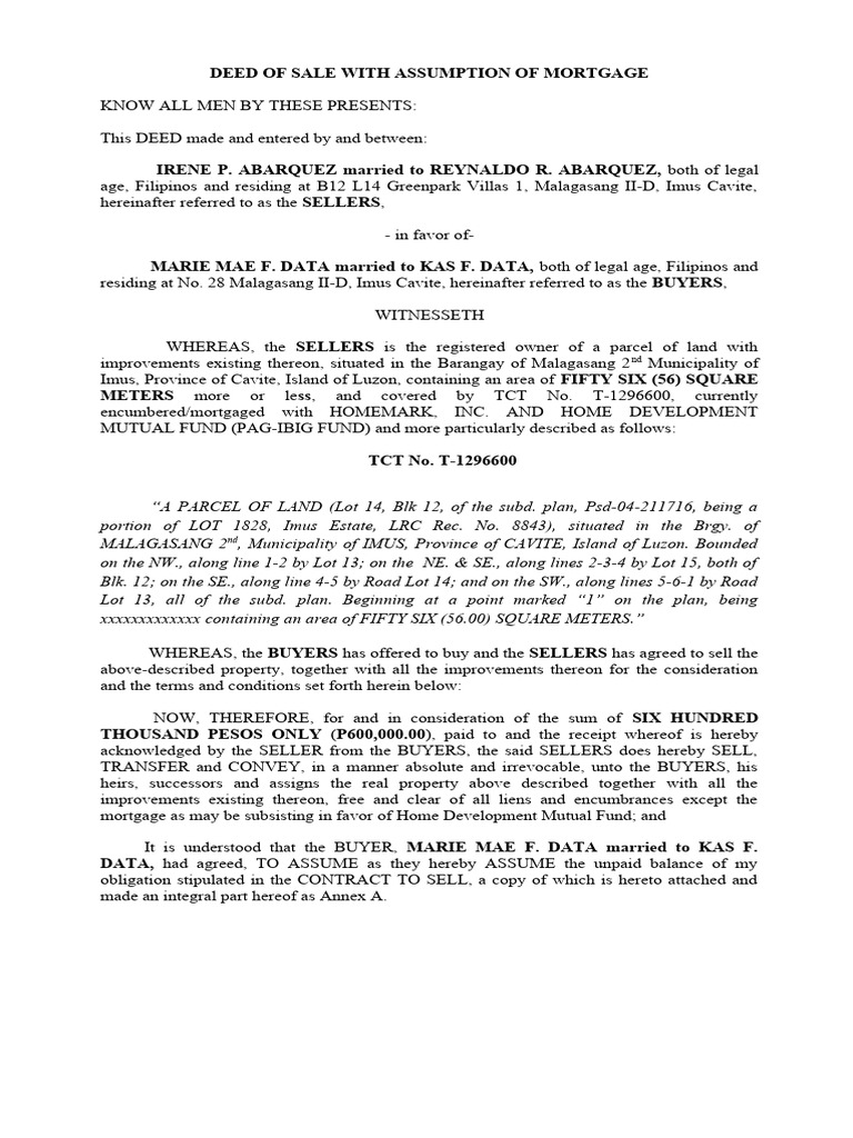 Deed of Sale with Mortgage Assumption | PDF | Mortgage Law | Private Law