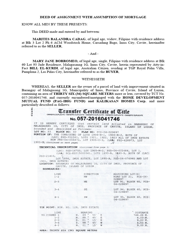 Deed of Sale With Assumption Cadag | PDF | Mortgage Law | Real Property Law