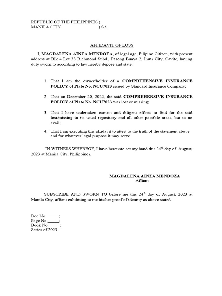 Aff-Of-Loss Comprehensive Policy Mendoza | PDF