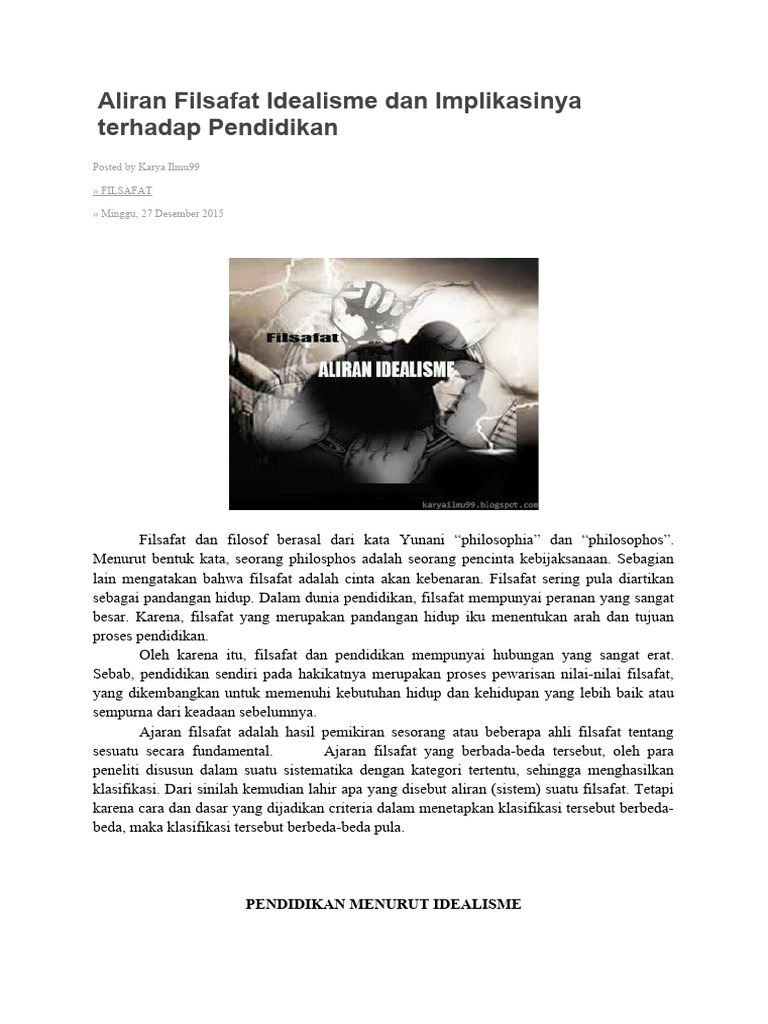 Aliran Filsafat Idealisme Dan Implikasinya Terhadap Pendidikan | PDF