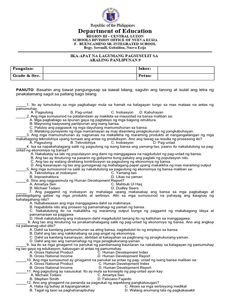 4th Quarter Periodical Test in AP 9 | PDF