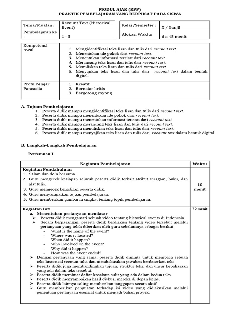 RPP Kurmer Recount Text - AKSI 4 Hafidatul Mahmuda | PDF