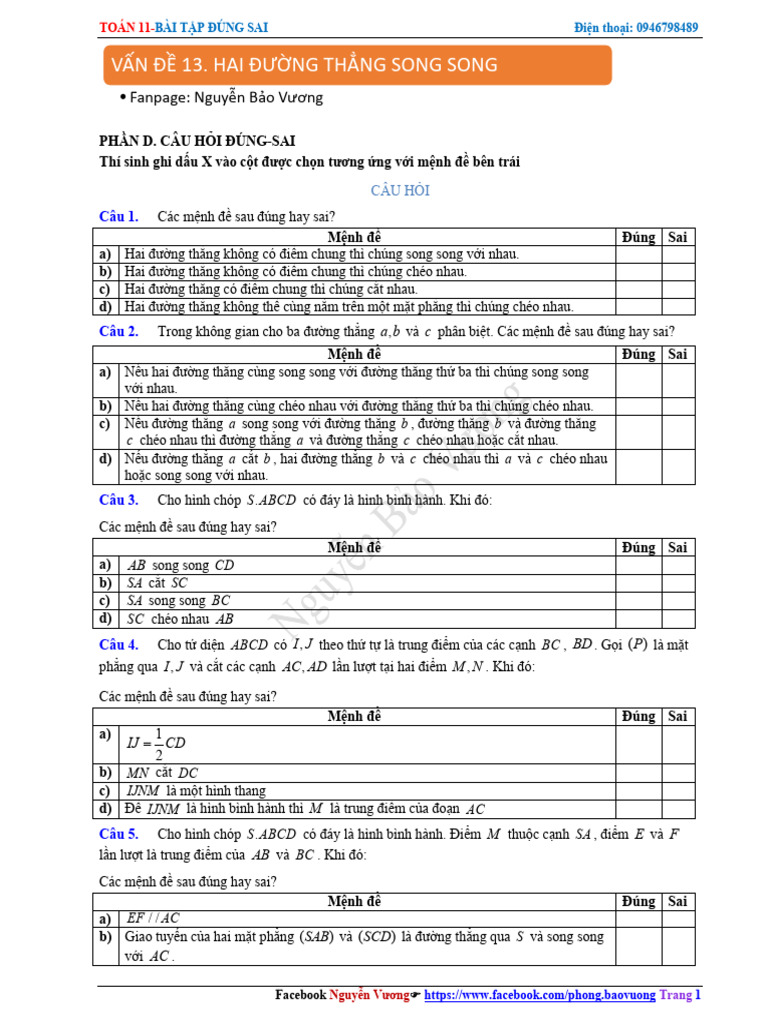 Vấn Đề 13. Hai Đường Thẳng Song Song - Đúng Sai | PDF
