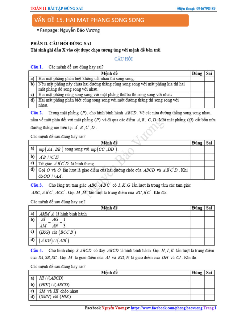 Vấn Đề 15. Hai Mat Phang Song Song - Đúng Sai | PDF