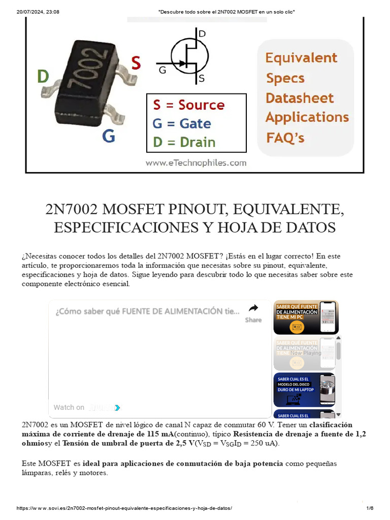 Descubre Todo Sobre El 2N7002 MOSFET en Un Solo Clic | PDF | Mosfet | Transistor