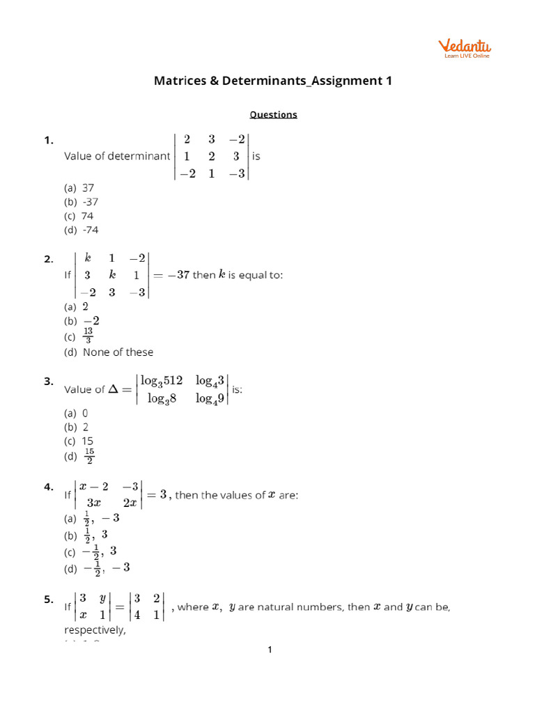 Matrices & Determinants - Assignment 1 | PDF | Business