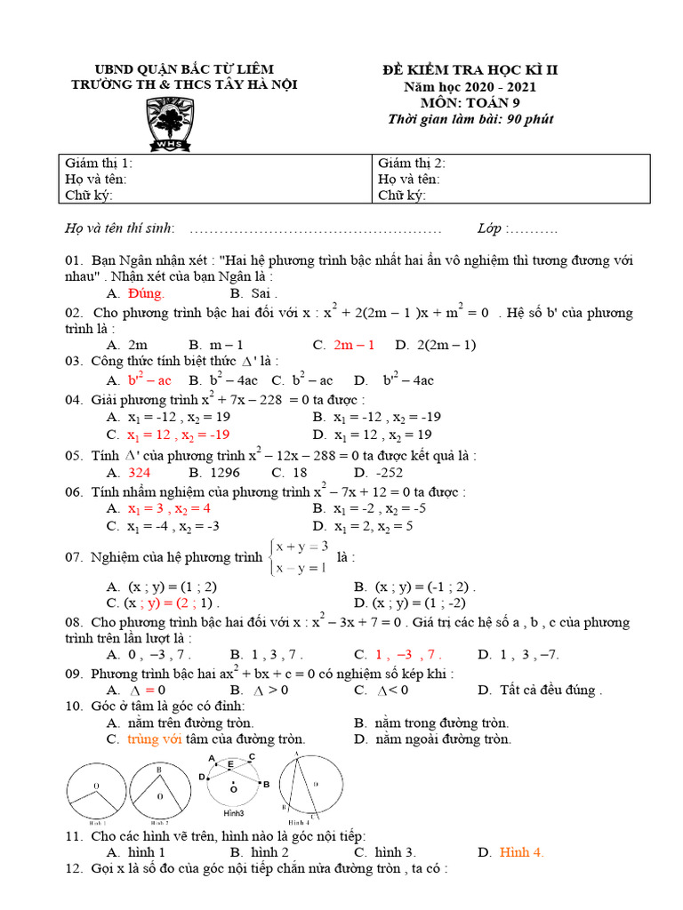 De Thi Hkii Toan 9 Trac Nghiem 40 Cau-20-21 | PDF