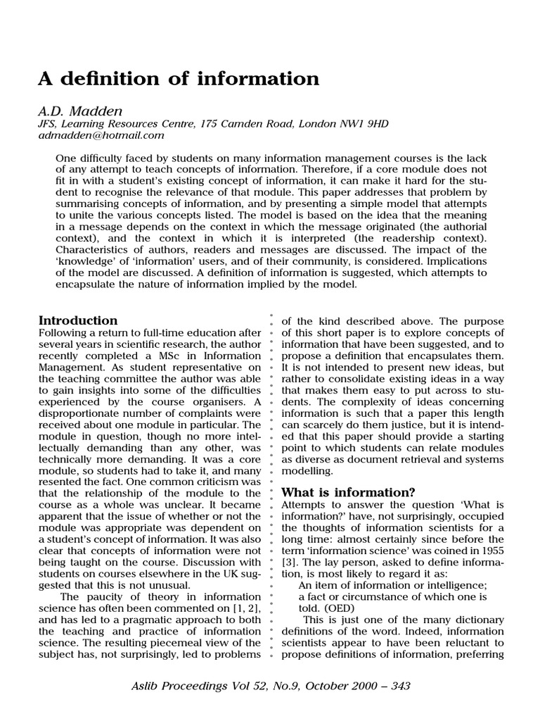 A Definition of Information | PDF | Information | Paradigm