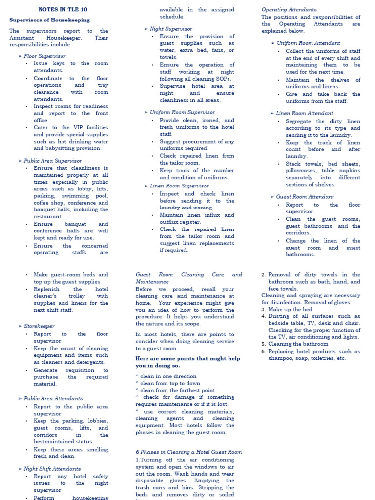 Notes In Tle 10 Pdf Housekeeping Hygiene