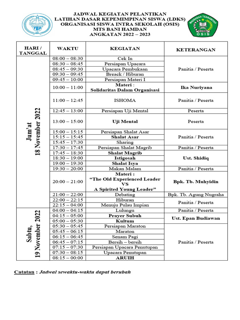 Jadwal LDKS OSIS MTS Bani Hamdan 2022 | PDF