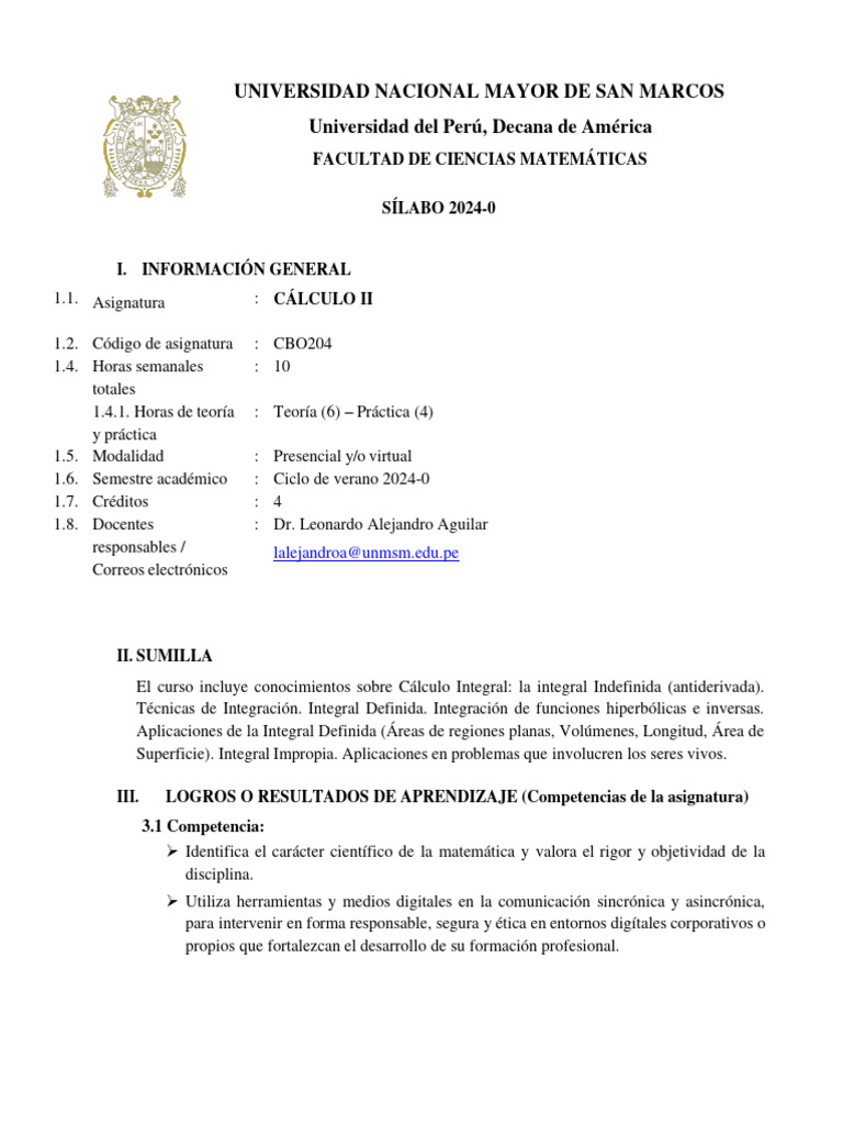 Silabo Cálculo Ii - Verano 2024 | PDF | Integral | Pensamiento