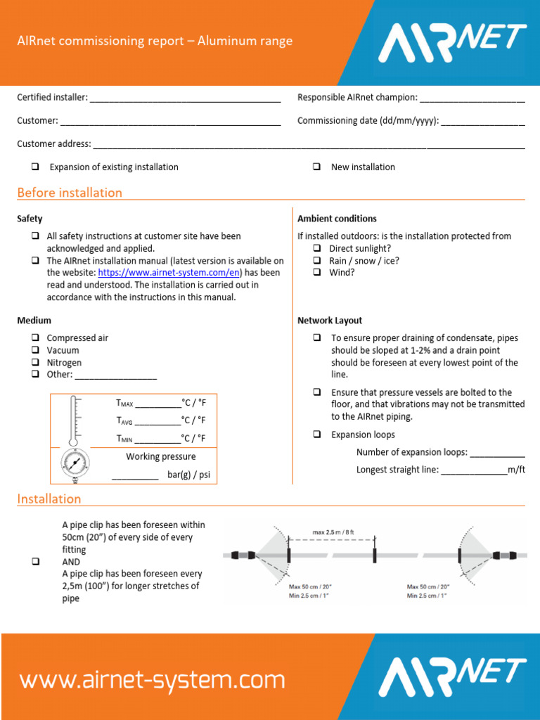 AIRnet Commissioning Sheet Aluminum | PDF | Leak | Pipe (Fluid Conveyance)