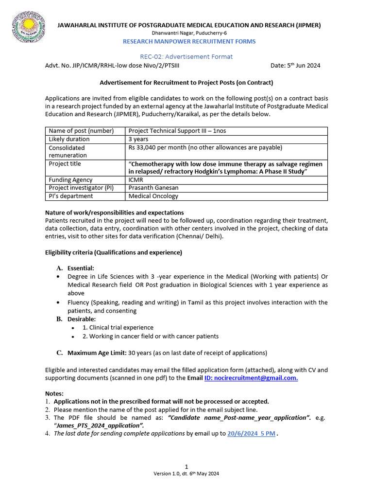Advertisement For PTS III RRHL Jun 2024 | PDF | Clinical Trial | Lymphoma