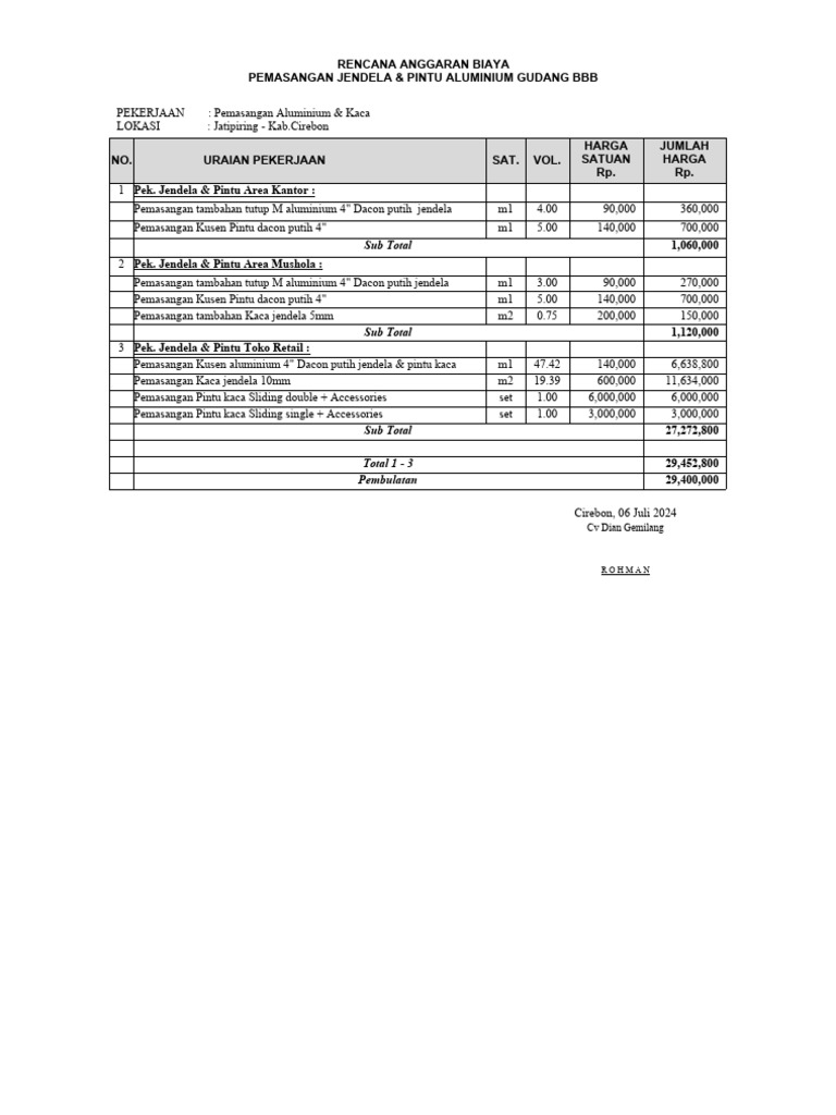 RAB Aluminium & Kaca Gudang BBB | PDF