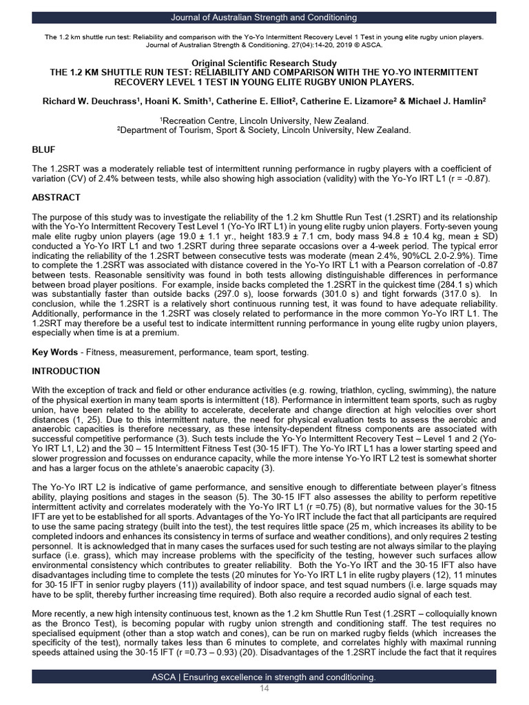 1.2 km Shuttle Run Test in Rugby Players | PDF | Physical Fitness ...