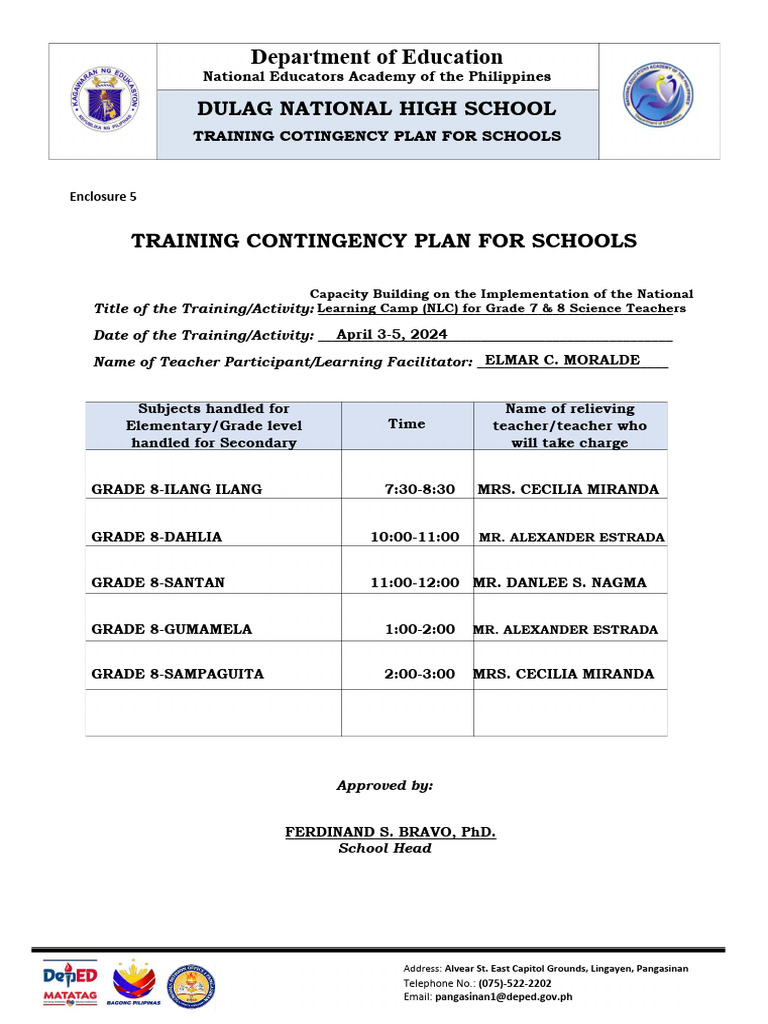 Eclosure 5 Training Contingency Plan For Schools For NLC 2024 | PDF