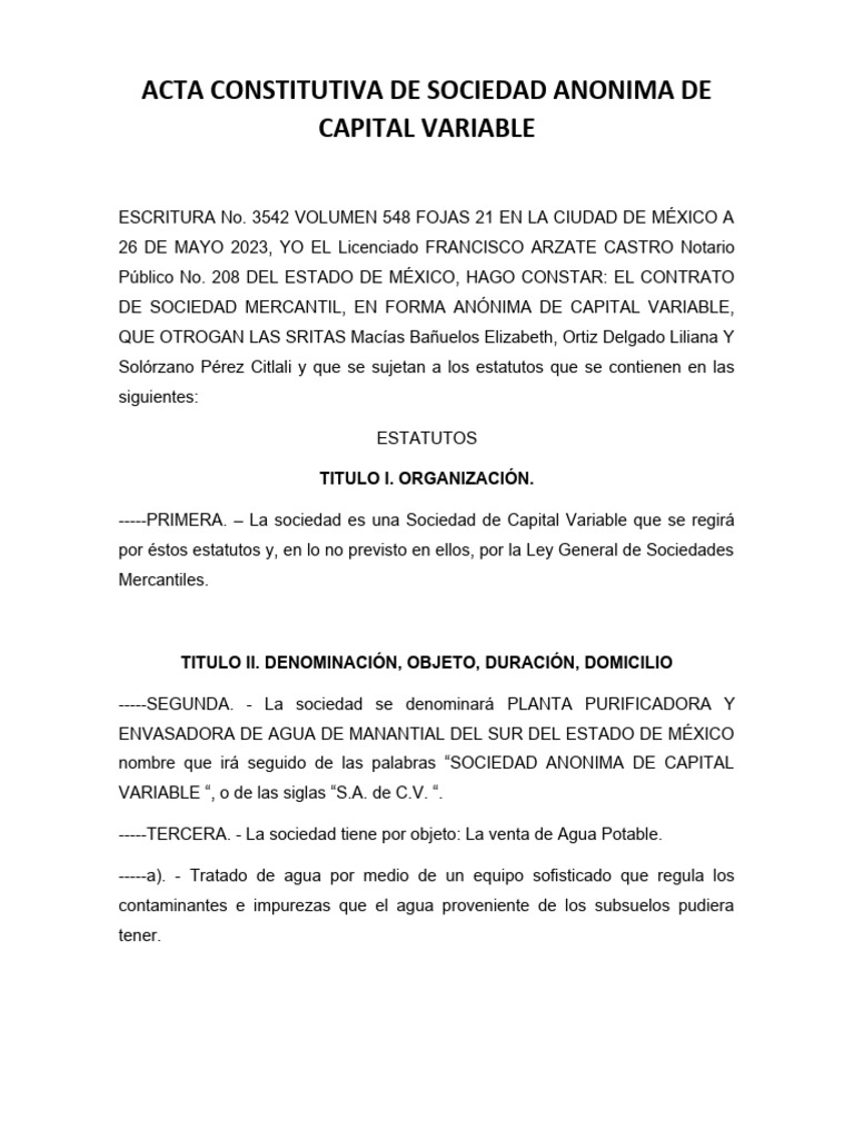 Acta Constitutiva Planta Purificadora | PDF | Sociedad de responsabilidad limitada | Economía ...