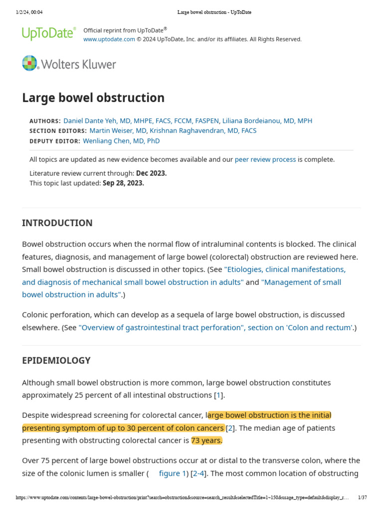 Large Bowel Obstruction - UpToDate | PDF | Colorectal Cancer ...