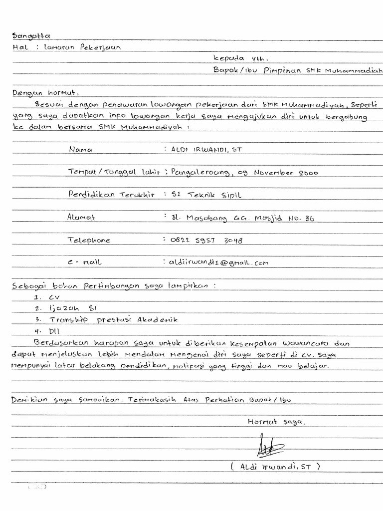 Surat Lamaran Aldi Irwandi, S.T | PDF