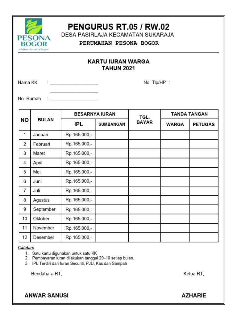 Model Kartu Iuran Warga | PDF