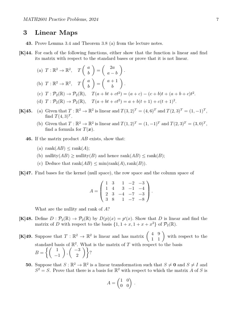 MATH2601-PracticeProblems-Topic 3 Linear Maps | PDF | Algebra | Linear ...