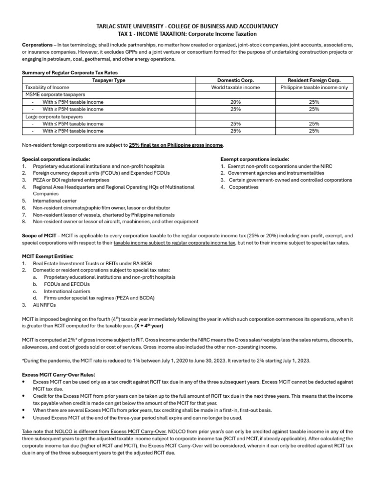 TAX 1 Corporate Income Tax | PDF | Taxes | Income Tax
