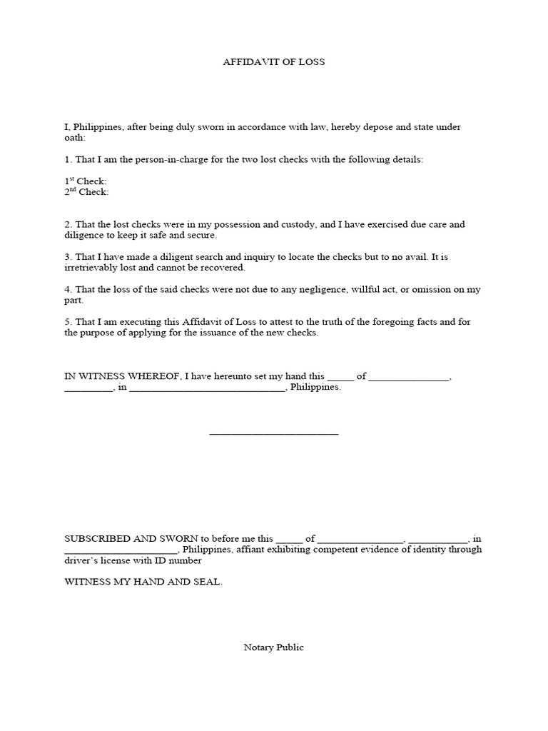 Affidavit of Loss for Checks in Philippines | PDF
