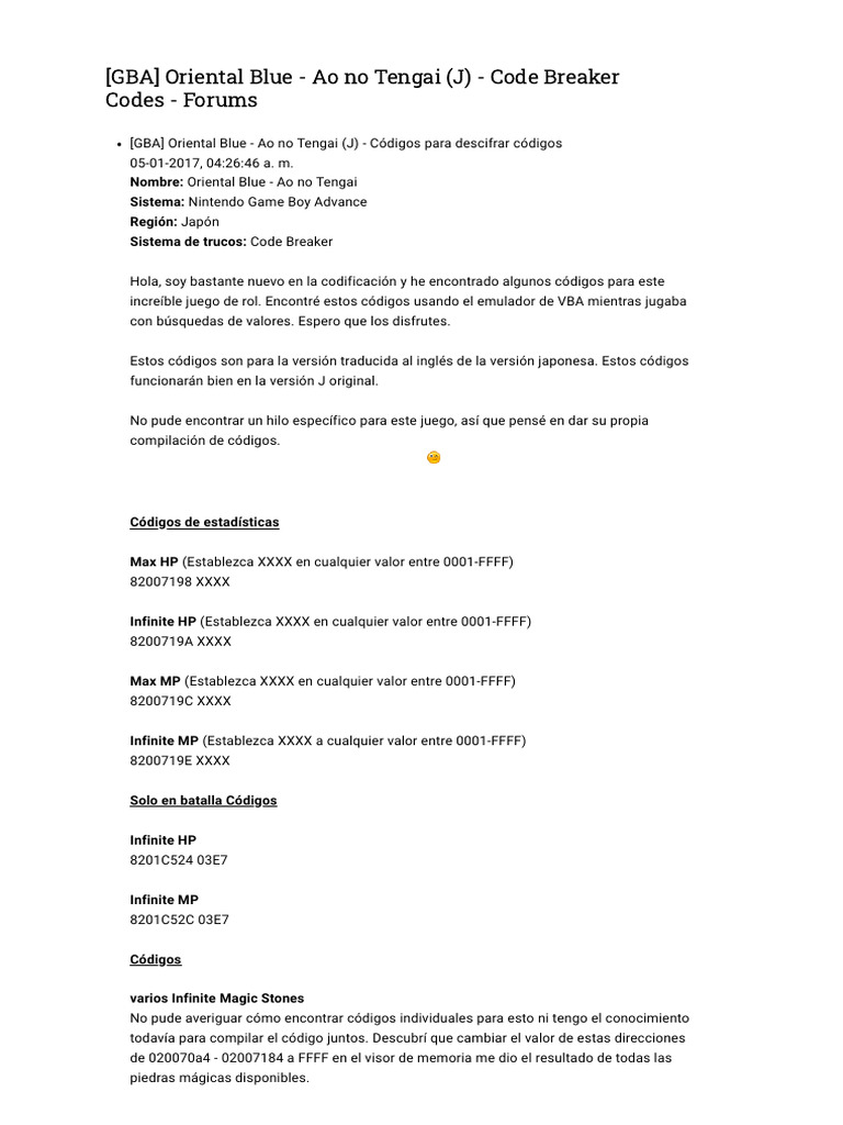 (GBA) Oriental Blue - Ao No Tengai (J) - Code Breaker Codes - Fo | PDF